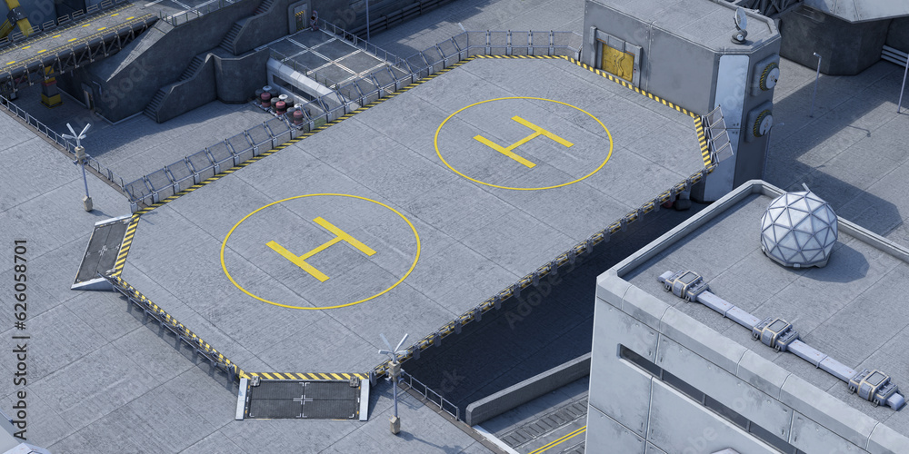futuristic industrial concrete base backplate top view 3d render heli ...