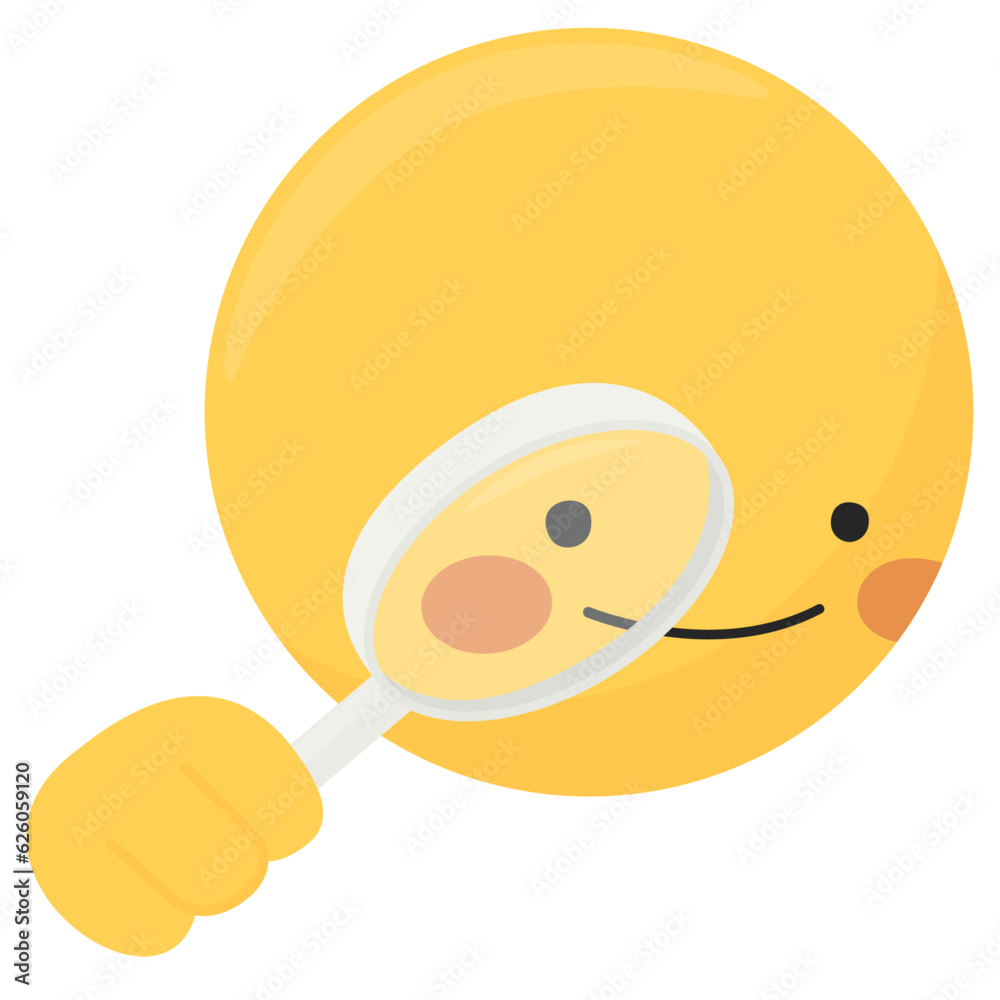 Vetor de Happy smiley emoji face with a magnifying glass in hand, over ...