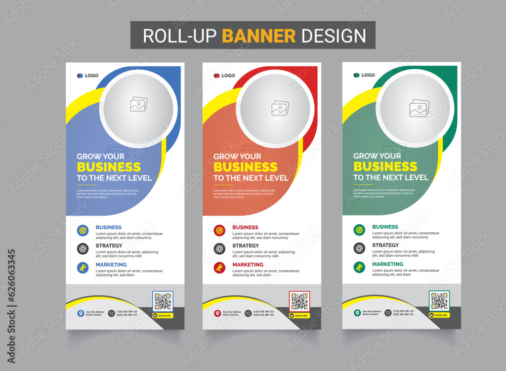 Roll up x banner standee banner template with creative shapes three ...