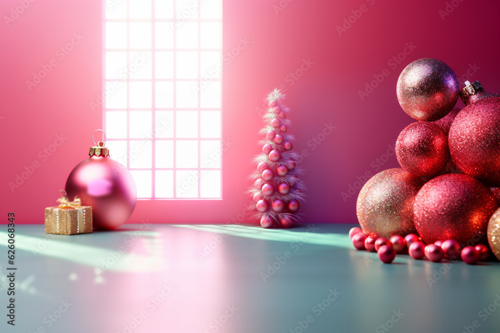 Smal Christmas tree with pink baubles, giant pink baubles and a giftbox ...