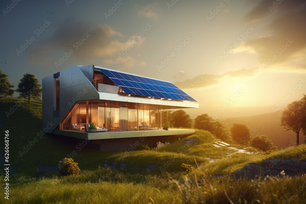 Majestic sunset, modern house with solar panels, a symbol of ...
