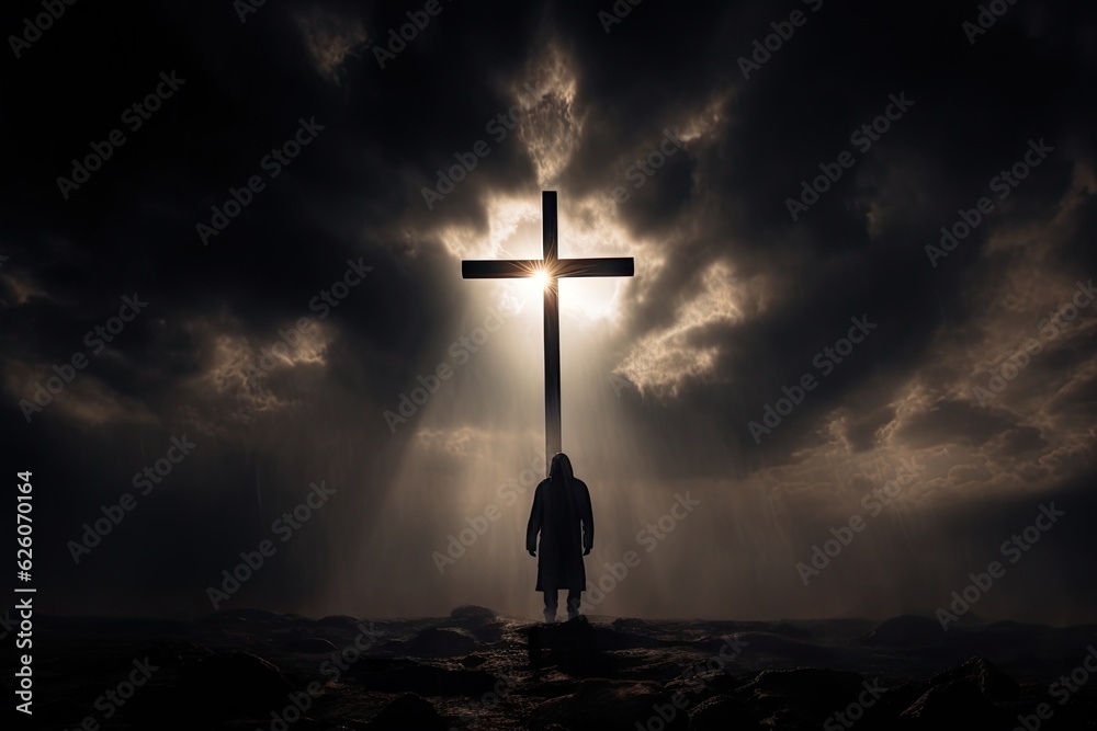 silhouette of a man in front of a big cross, crucifix with backlight ...
