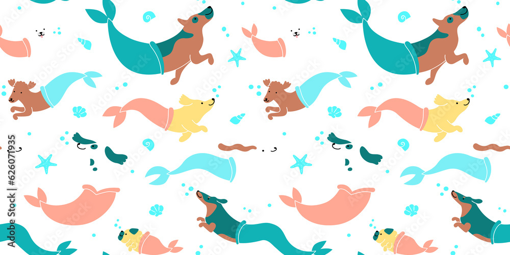 Funny dog mermaid swimming underwater cartoon seamless pattern in flat ...