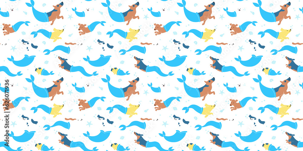 Funny dog mermaid swimming underwater cartoon seamless pattern in flat ...
