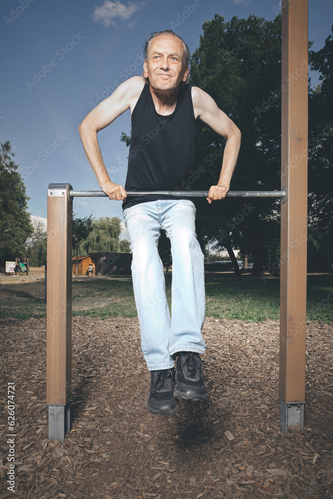 Ugly man of bad condition trying workout in outdoor gym Stock Photo ...