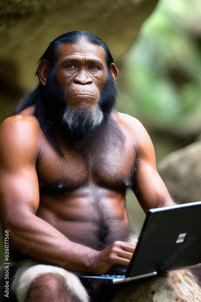 Caveman engaged in modern activities with a laptop, signifying the ...