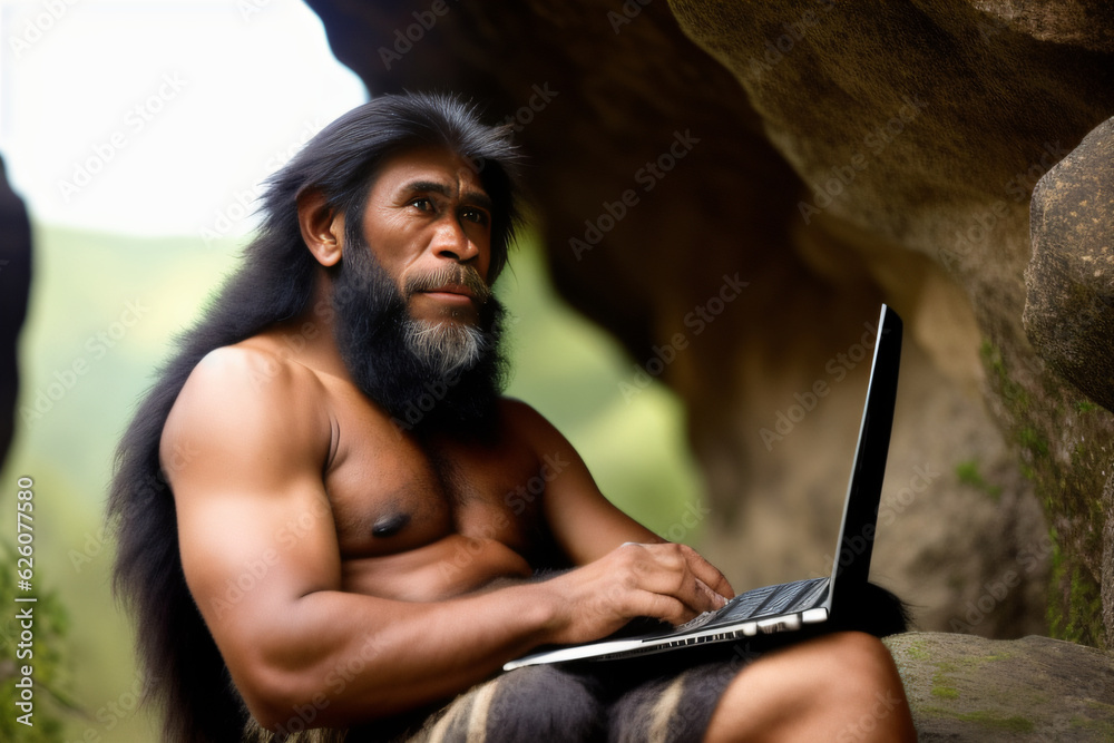 Set in cave, a prehistoric person using a laptop, emphasizing the ...