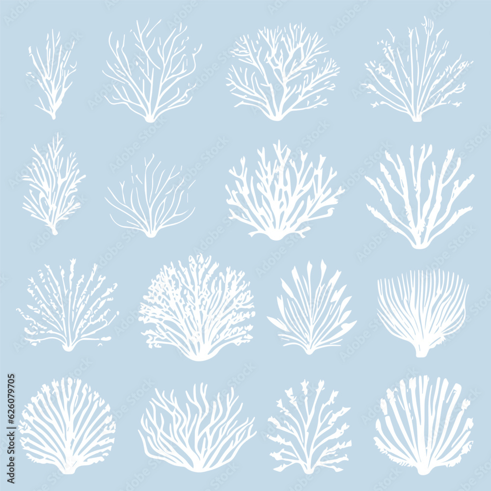 Set of monochrome vector silhouettes of seaweed of different shapes ...
