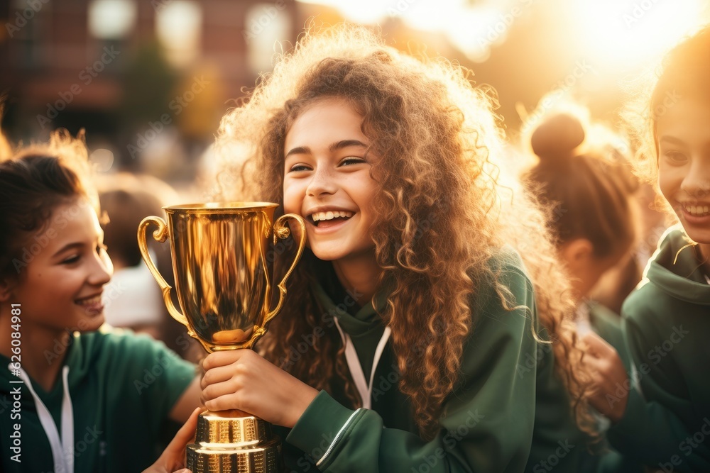 girl with trophy celebrating victory with friends at school sports ...