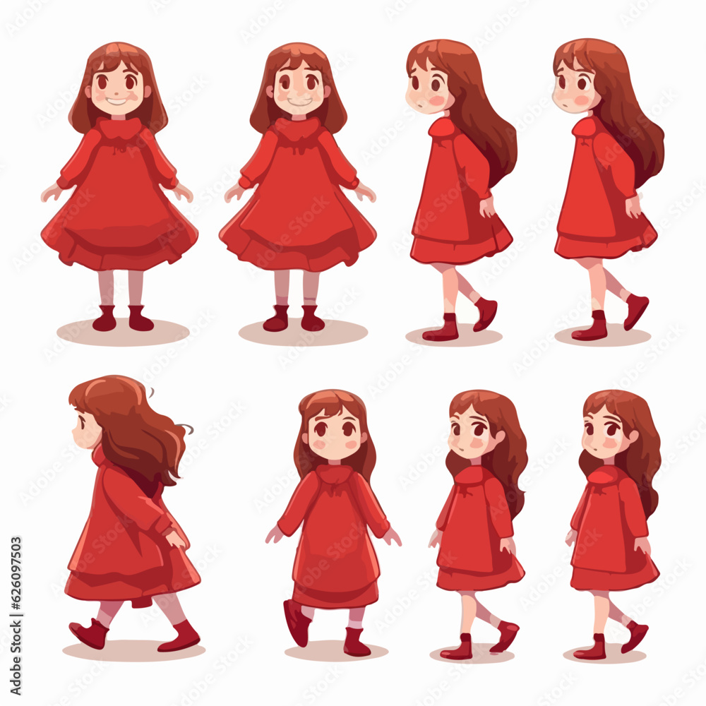 Cartoon girl in red clothes, vector illustration, multipose. Stock ...