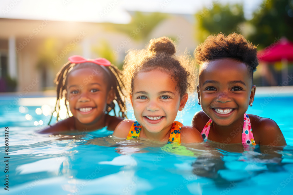 Diverse young children enjoying swimming lessons in pool, learning ...