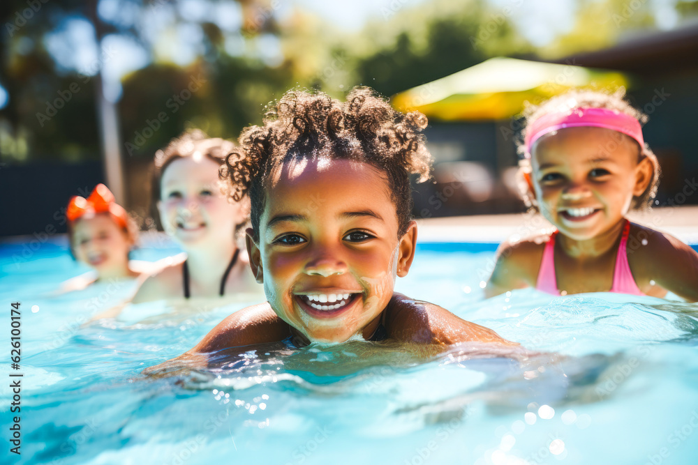 Diverse young children enjoying swimming lessons in pool, learning ...