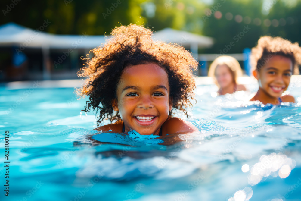 Diverse young children enjoying swimming lessons in pool, learning ...