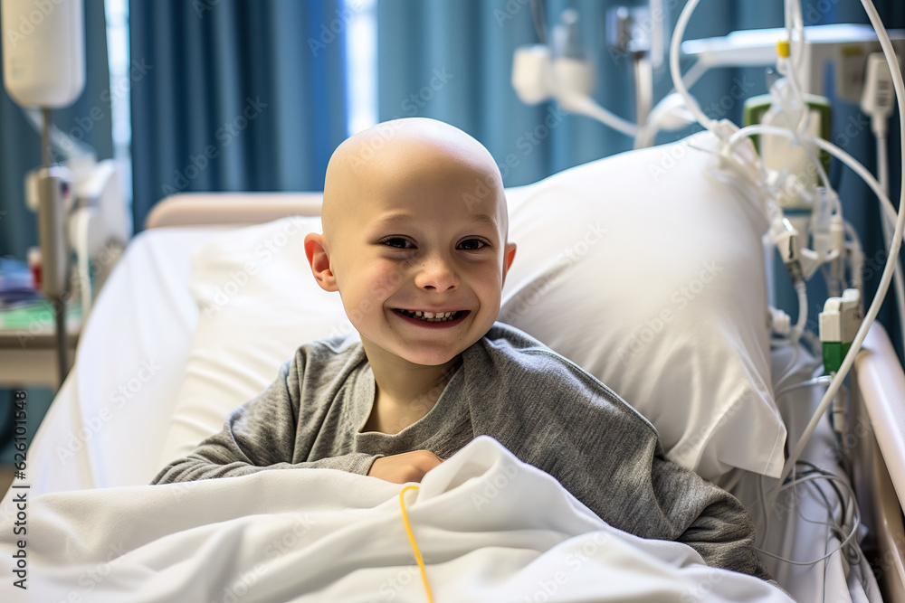 Bald boy smiling in cancer hospital bed. Young cancer patient. Digital ...