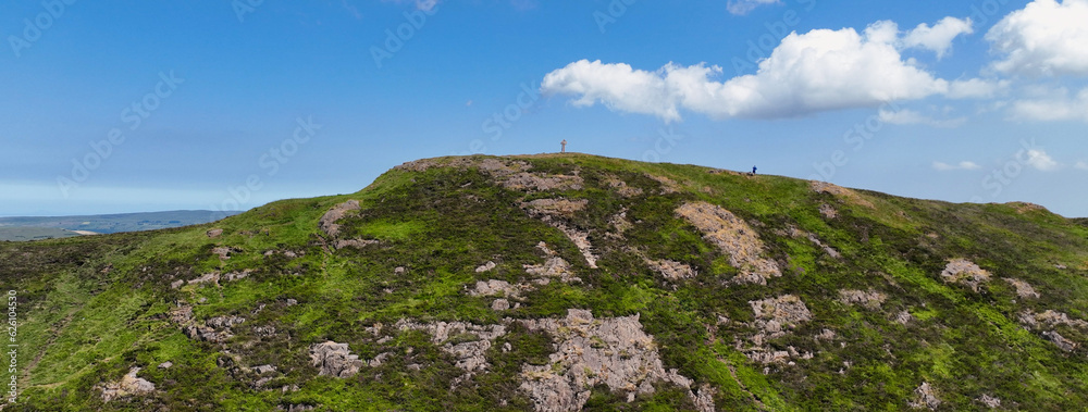 Aerial view of a Celtic Cross on the top of Slemish Mountain Co Antrim ...