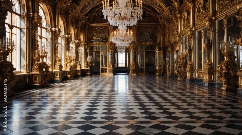 A grand ballroom in an old castle, with crystal chandeliers, gold ...