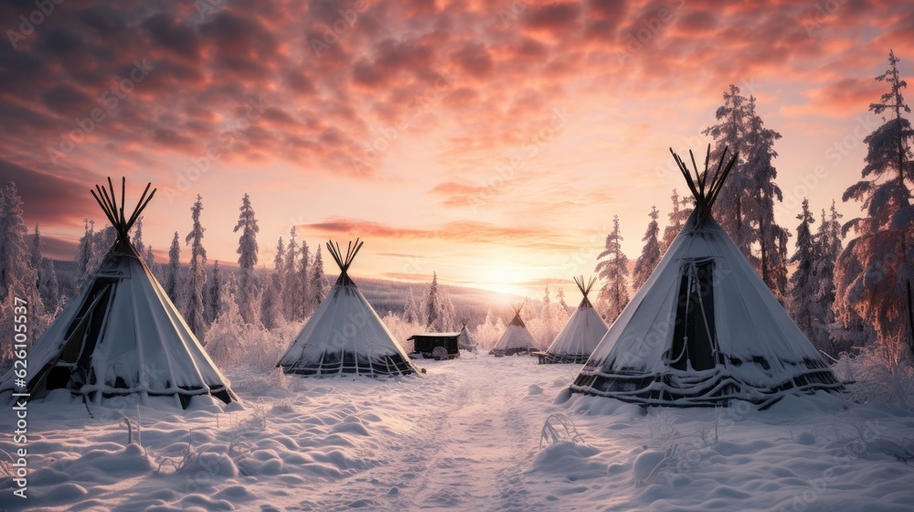 A traditional Sami village in Lapland, with reindeer, snow-covered ...