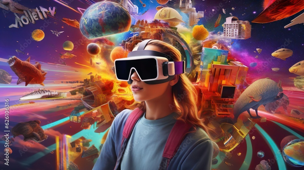 A girl wearing VR headset user, surreal world and virtual reality, AI ...