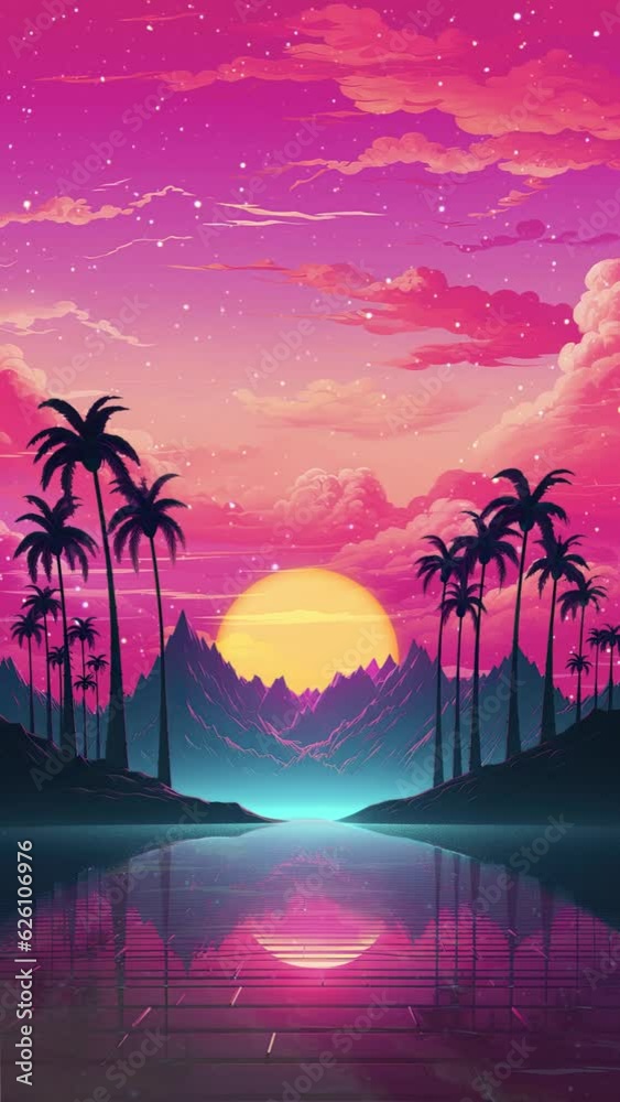 An animated retrowave style vertical video of the sun setting behind ...