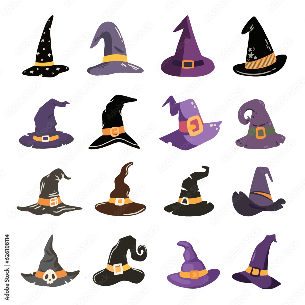 Cartoon witch hats, Halloween party costume elements. Wizard striped ...