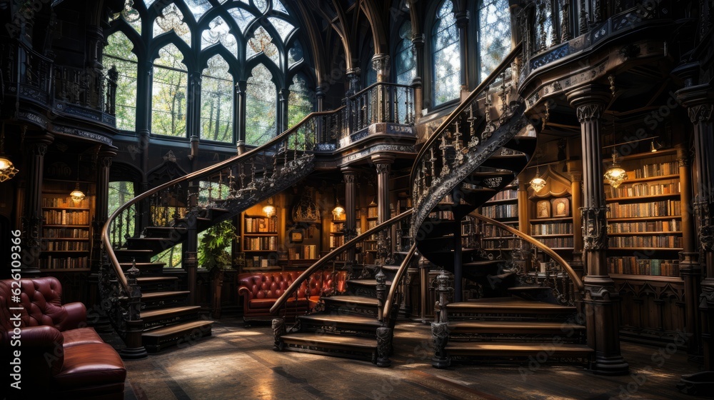 An ancient library, filled with towering bookshelves, a spiral staircase, and a hidden reading ...