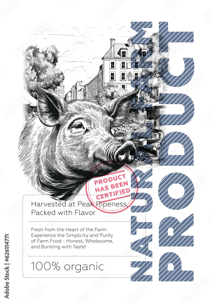 Natural farm product poster. Vintage sketch pig head on village market ...