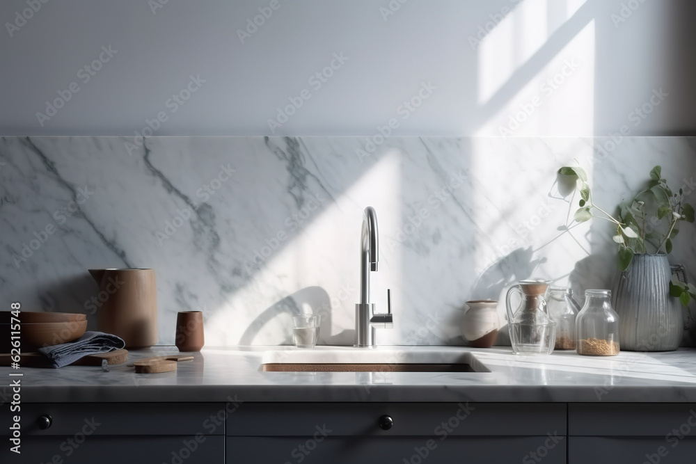 A realistic view of a kitchen counter in the blank state and a marble ...