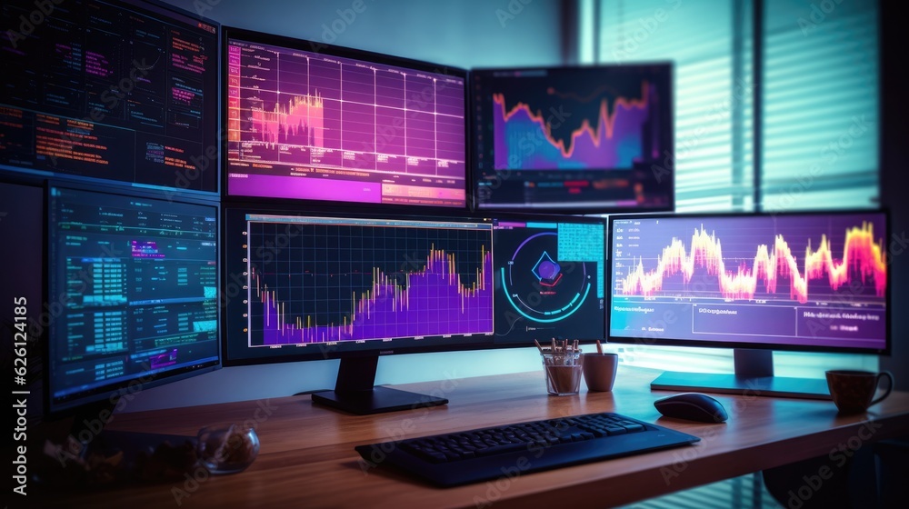 The side view of a multi computer screen displaying multiple financial ...