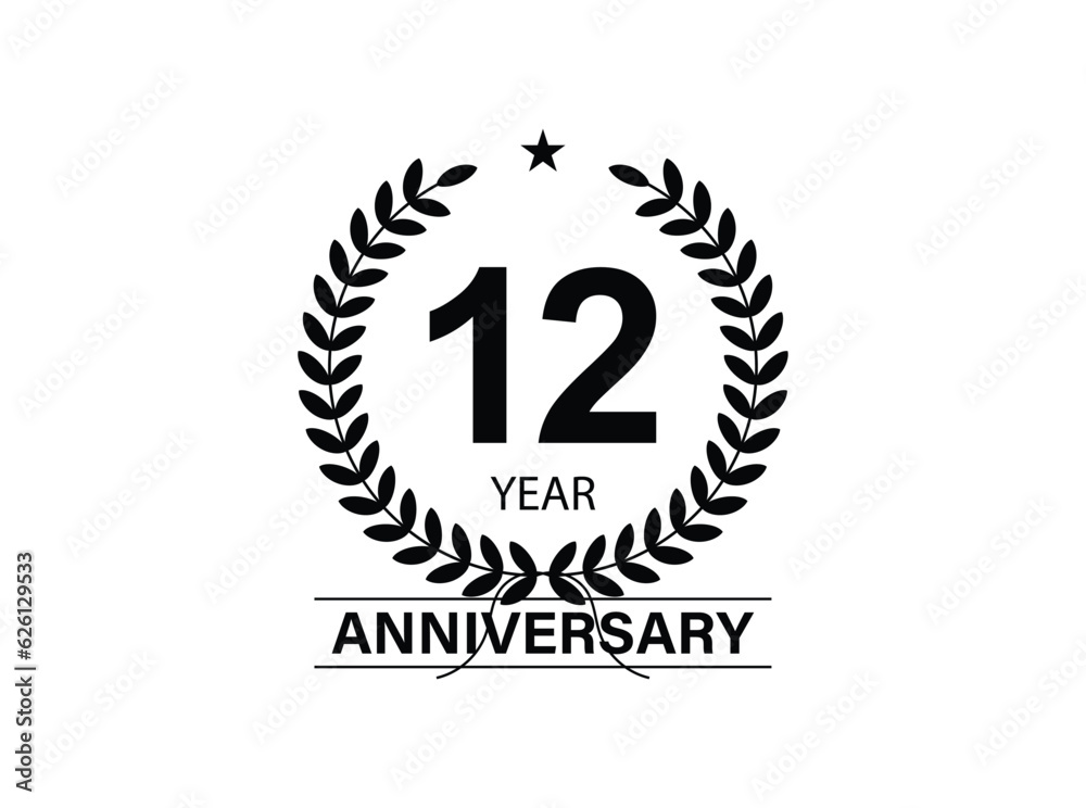 12 years anniversary logo template isolated on white, black and white ...
