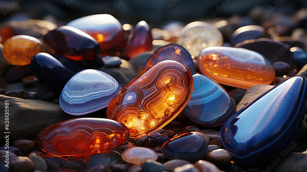 A close-up view of various agates on rocks transformed into a surreal ...