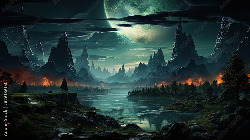 Background image presenting an alien planet landscape in the style of ...