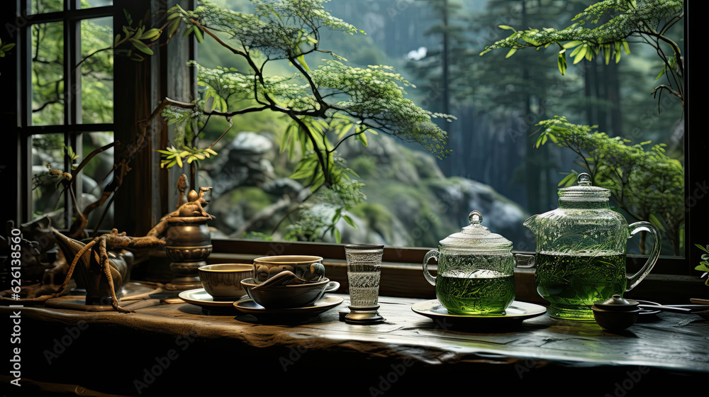 Background image portraying a tranquil tea garden in the style of ...