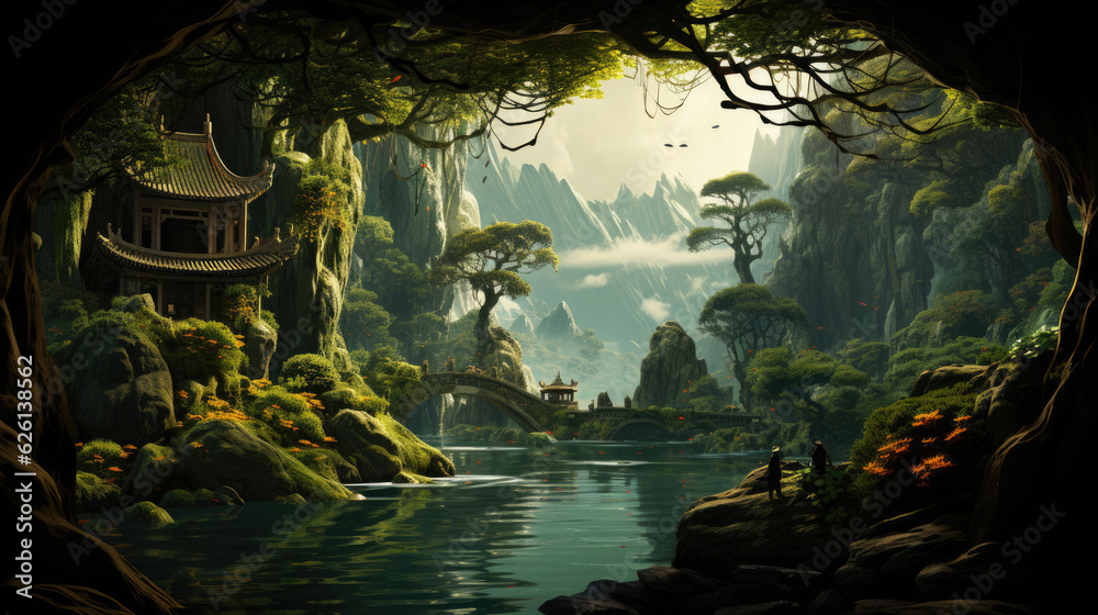 Background image portraying a tranquil tea garden in the style of ...