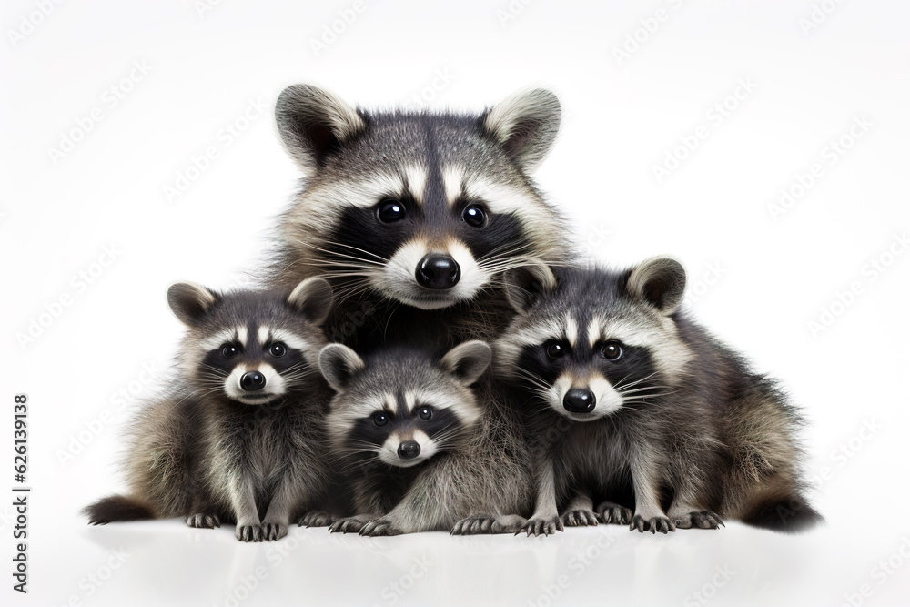 Image of family group of racoons on white background. Wildlife Animals ...