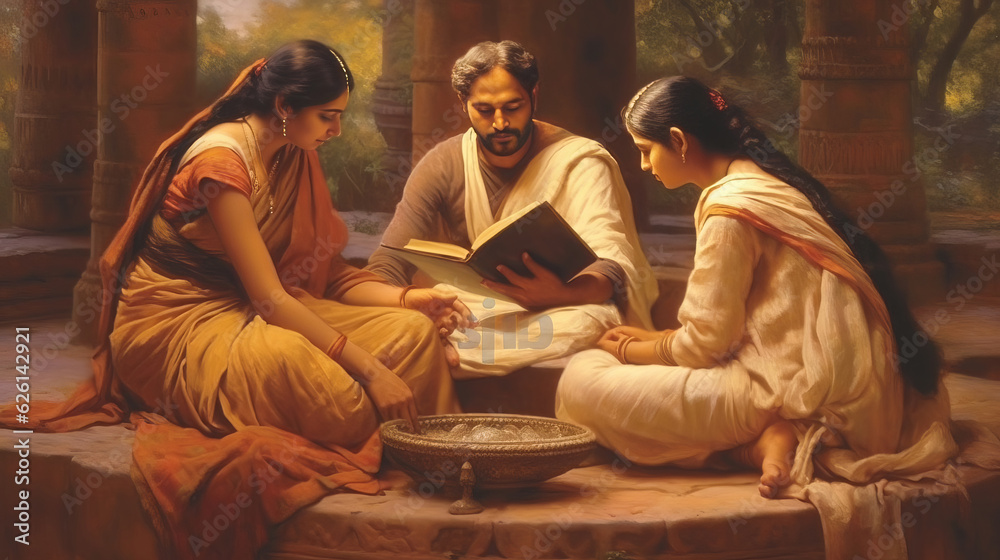Ancient Hindu Scriptures A Photo Realistic Image of Devotees Reading ...