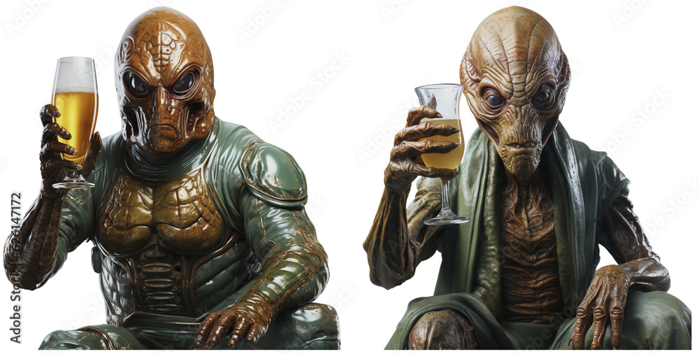 cartoon, illustration of aliens with big eyes raising the glass filled ...