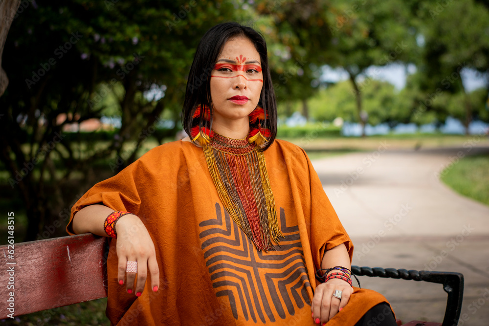 beautiful young peruvian woman of the yanesha culture posing with ...