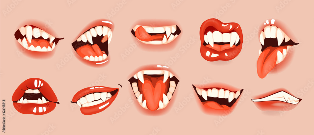 Joker mouth. Halloween smile. Creepy face mask. Vampire jaw. Evil fangs ...