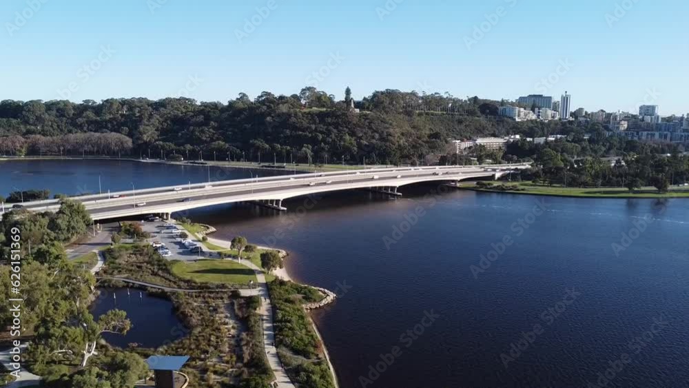 Drone Aerial View descending over Swan River and South Perth foreshore ...