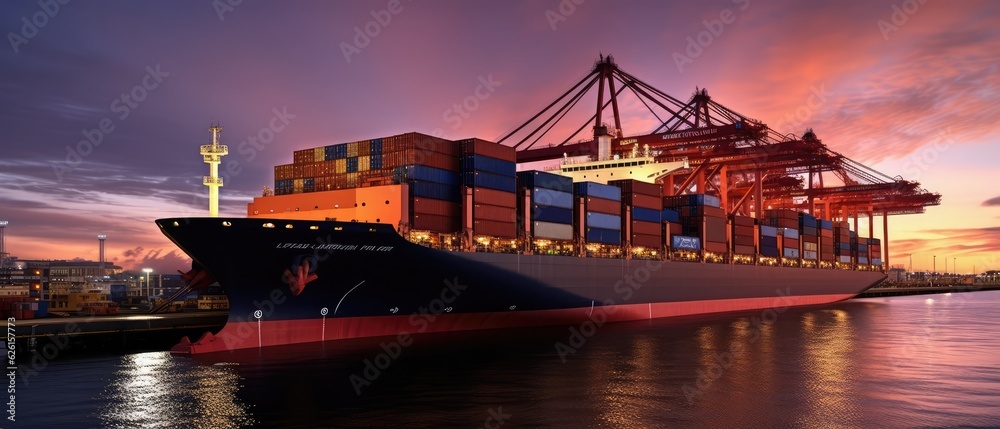 Loading container cargo at port terminal, Container ship docked at a ...