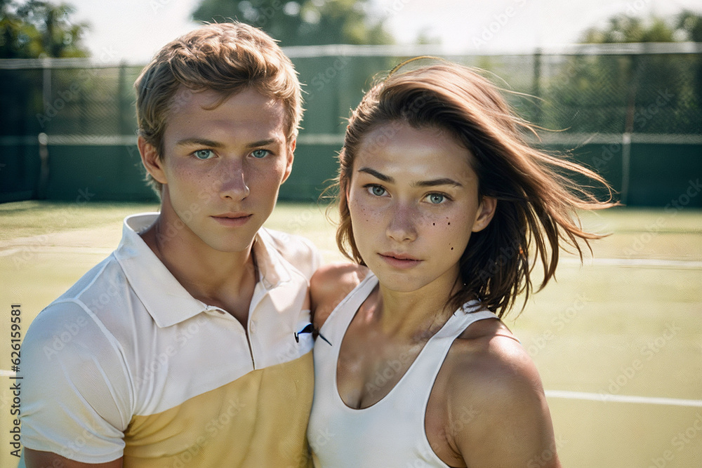 stylish blonde couple of tennis players striking a pose on the tennis ...