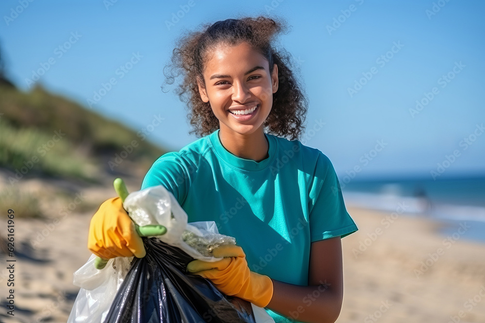 portrait close up smiling mixed race volunteer woman collecting trash ...