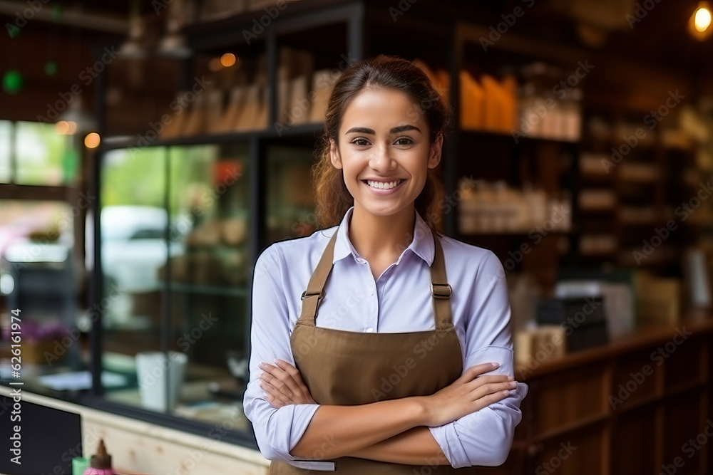 Portrait Cheerful female store owner with a laptop, side view, blurred ...