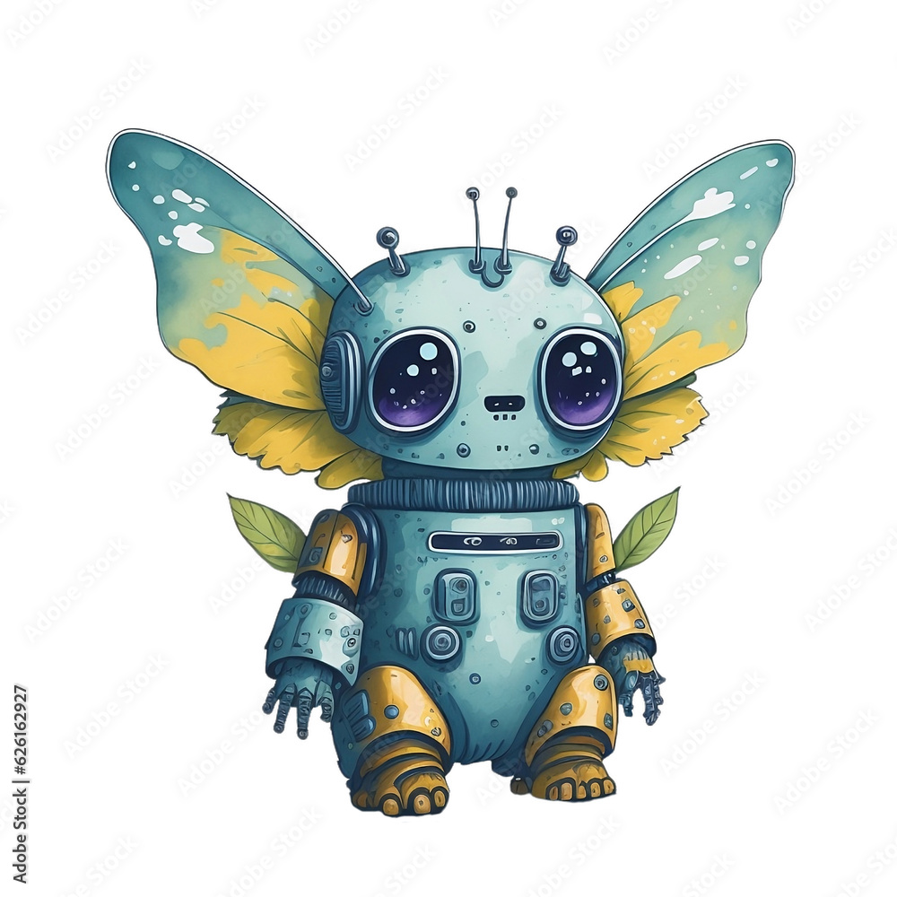 Watercolor Cute Butterfly Robot Isolated on Transparent And White ...