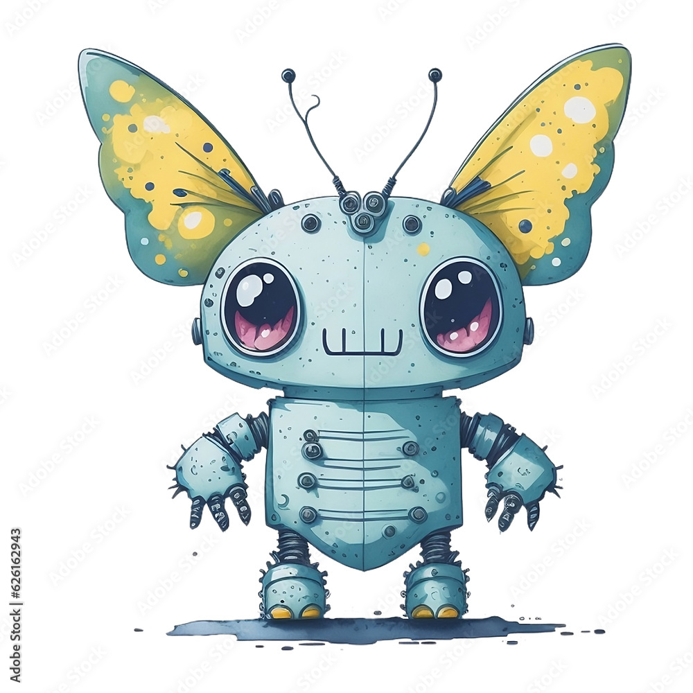 Watercolor Cute Butterfly Robot Isolated on Transparent And White ...