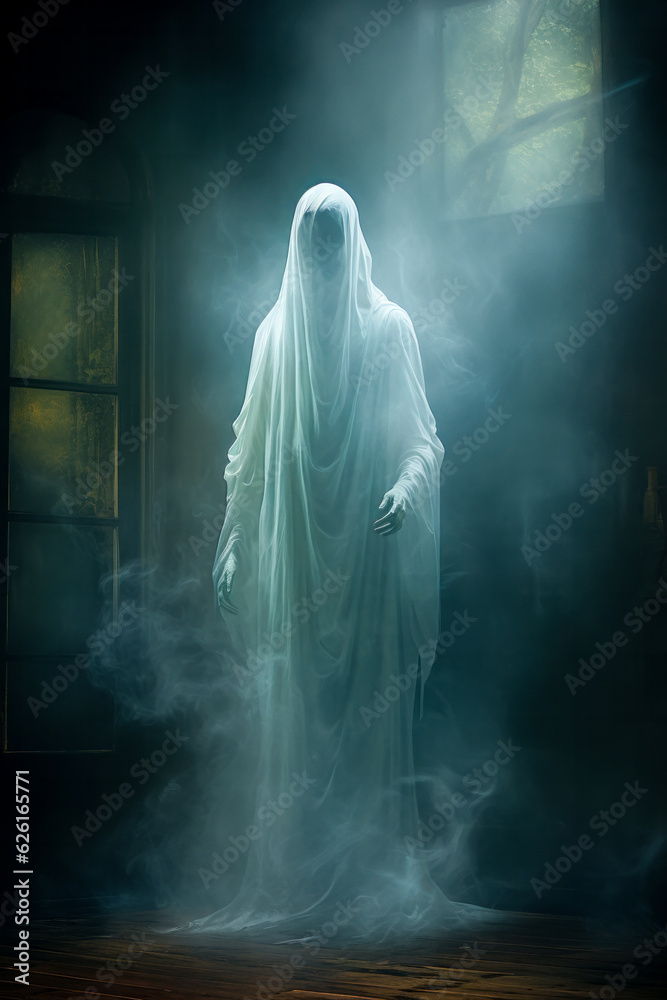 Ghost in white robe in old haunted house Stock Photo | Adobe Stock
