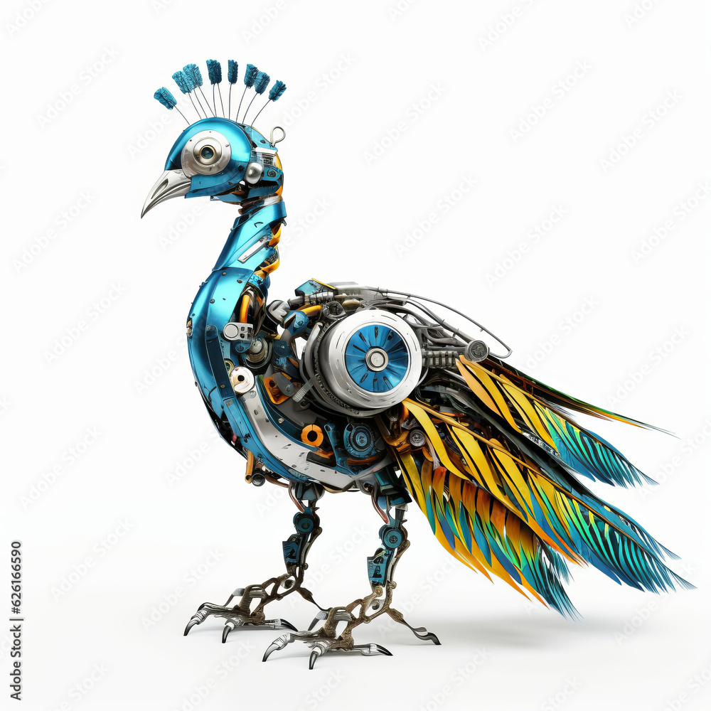 Colorful peacock robot, robotic bird isolated over white background. AI ...
