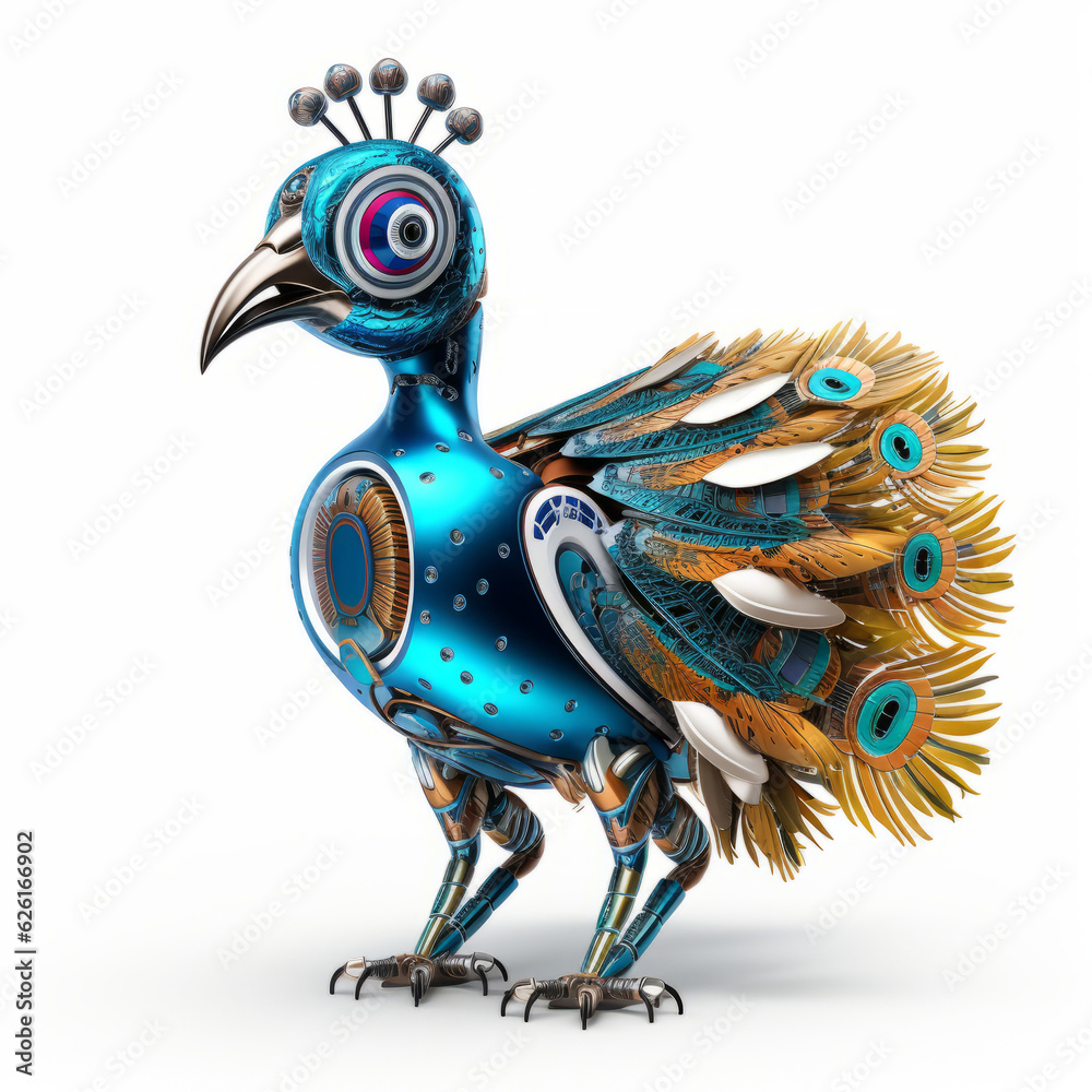 Colorful peacock robot, robotic bird isolated over white background. AI ...