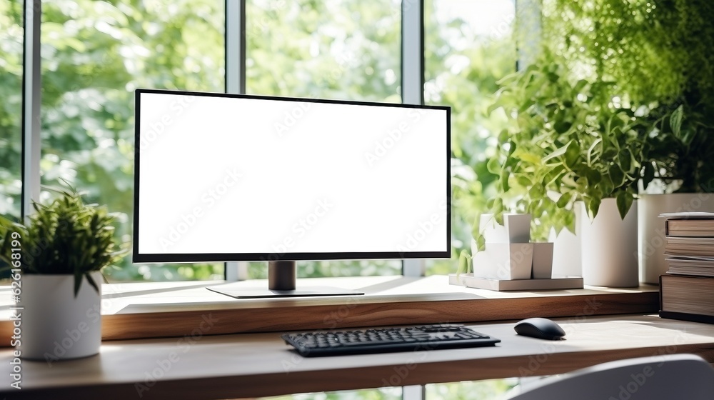 Computer monitor with blank screen on wooden desk in contemporary ...