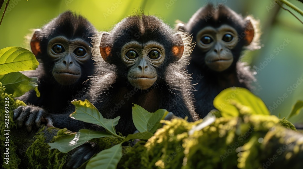 A group of spider monkeys (Ateles geoffroyi) playing in the treetops of ...